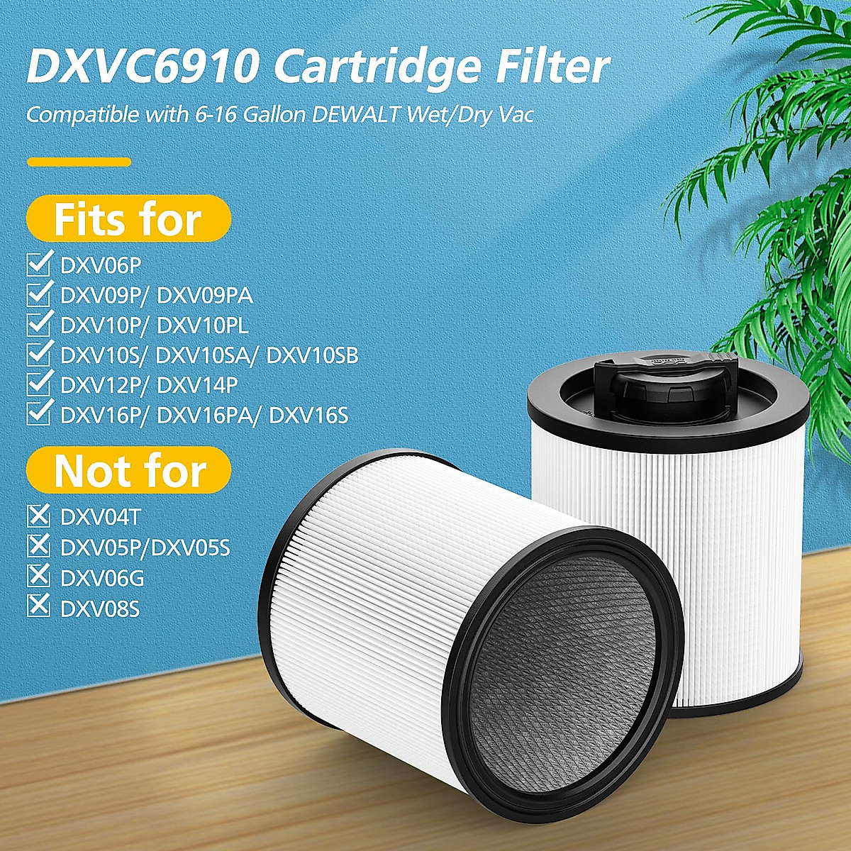 DXVC6910 Cartridge Filter Replacement for DEWALT Wet/Dry Vac Vacuum Cleaner 6-16 Gallon Filter Compatible with DeWalt DXV06P DXV09P DXV10P DXV10PL DXV10SA DXV12P DXV14P DXV16P 2 Pack