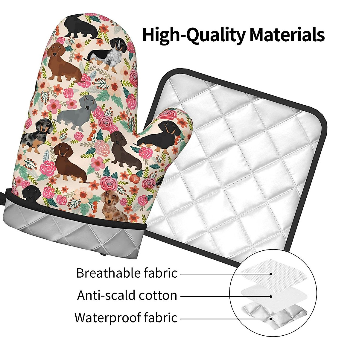 Hitamus Floral Dachshunds Oven Mitts and Pot Holders Sets, Heat Resistant Kitchen Microwave Gloves Non-Slip Pot Pads for Grilling Baking Cooking BBQ (Set of 2)