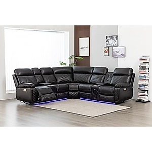 Kingway Inc Rexon Power Recliner Sectional Living Room Sofa Set with speaker,LED and USB port, Brown