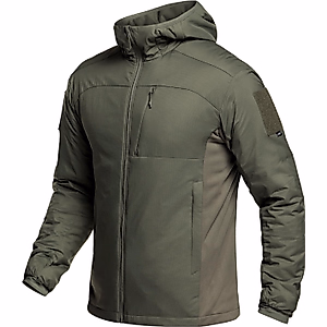 CQR Men's Insulated Hooded Tactical Jacket, Lightweight Mid-Layer Warm Hoodie, Water Resistant Full Zip Hiking Work Coat, Lightweight Olive, Large