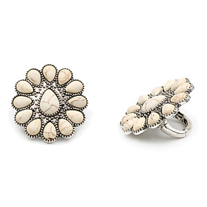 Elosee Western Style Antique Silver Turquoise Stone Concho Statement Stretch Ring (Turquoise)