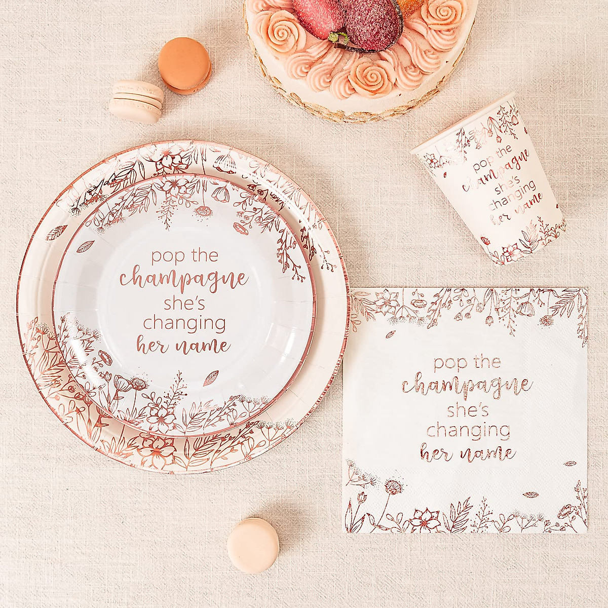 Crisky Rose Gold Bachelorette Napkins Plates Cups Set for Bridal Shower Wedding Engagement Party Decorations Supplies, Disposable Tableware Set of 24 (Pop, She is Change Her Name)