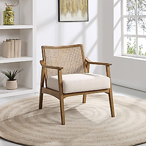 OSP Home Furnishings Alania Wood Accent Chair with Cane Back, Arms and Padded Seat, Linen Fabric with Coastal Wash Frame