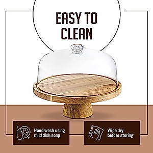 Cake Stand with Acrylic Dome Lid 2-in-1 Multifunctional Round Shatterproof Dessert Table Display Set with Acacia Wood Serving Platter, Veggie Tray, Fruit Bowl, Donut Stand, Nachos Plate by Homesphere