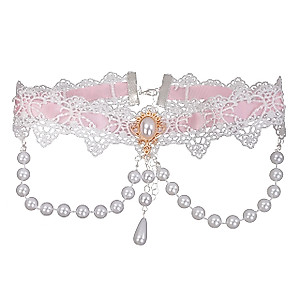 Chargances Gothic Halloween Pink Pearl Lace Necklace for Women Lolita Halloween Decorations Party Accessory
