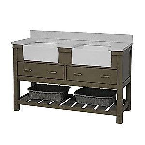Kitchen Bath Collection Charlotte 60-inch Double Farmhouse Vanity (Engineered Carrara/Weathered Gray): Includes Weatherd Gray Cabinet with Engineered Carrara Countertop and White Ceramic Apron Sinks