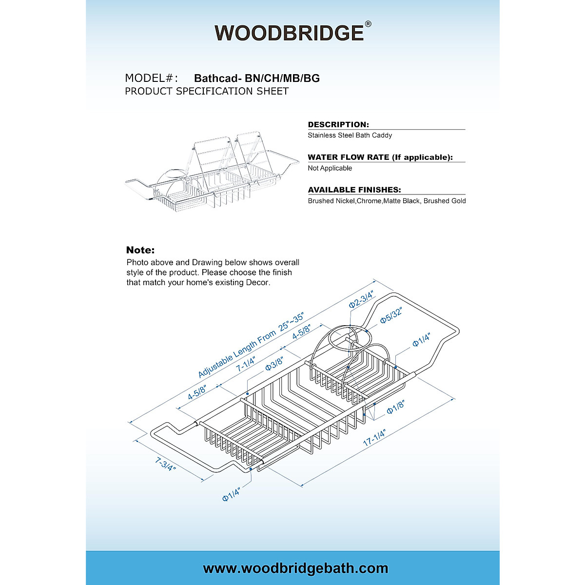 WOODBRIDGE Stainless Steel Extendable Bathtub Caddy Tray in Brushed Gold Finish with Removable Wine Holder, Book and Phone Rack, Bathcad-BG