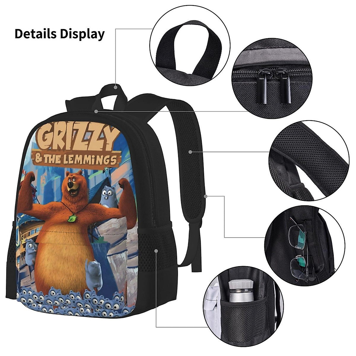 ORPJXIO Backpack 3 Piece Set Grizzy and Anime The Lemmings Laptop Backpack Pencil Case Lunch Bag Combination For Travel Work Camping