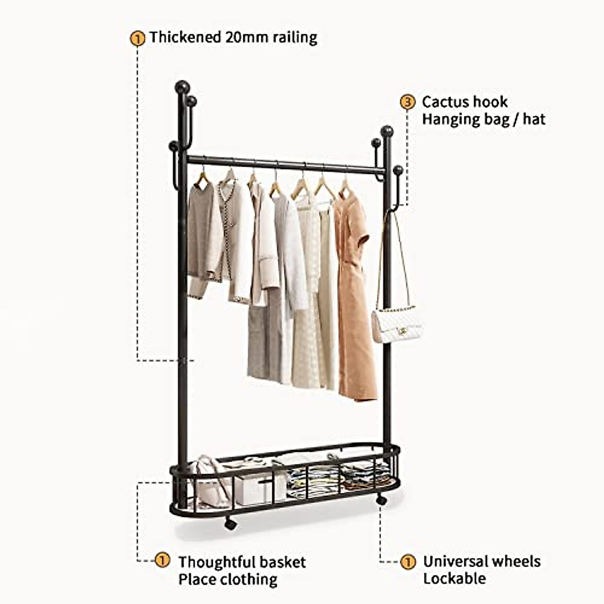 FAXIOAWA Metal Coat Rack Stand With Basket Garment Rail With 360° Wheel 4 Side Hooks Clothes Rack For Hall, Entryway, Bathroom And Living Room (Color : Pink, Size : 100cm)