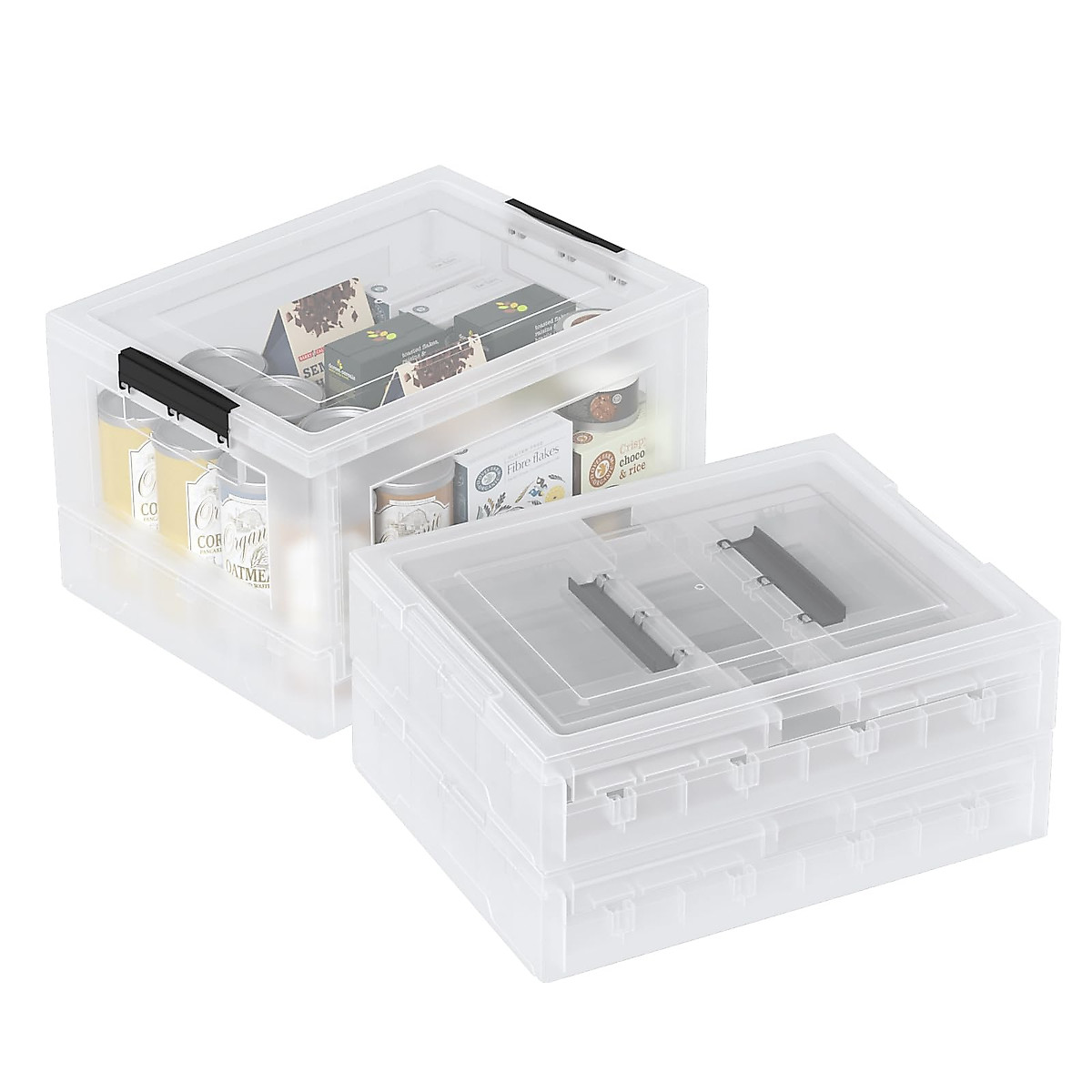 Bringer 4-Pack 30 L Clear Collapsible Storage Crate, Stackable Folding Storage Box, Clear Plastic Storage Box with Lid