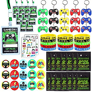 Empire Party Supply 136 Pcs Video Game Party Favors for Kids, Gaming Party Favors - 15 set of VIP Pass Holder Keychain Wristband Button Pins Treat Bags Tattoos, Game On Themed Gamer Boys Birthday Goodie Bag Fillers