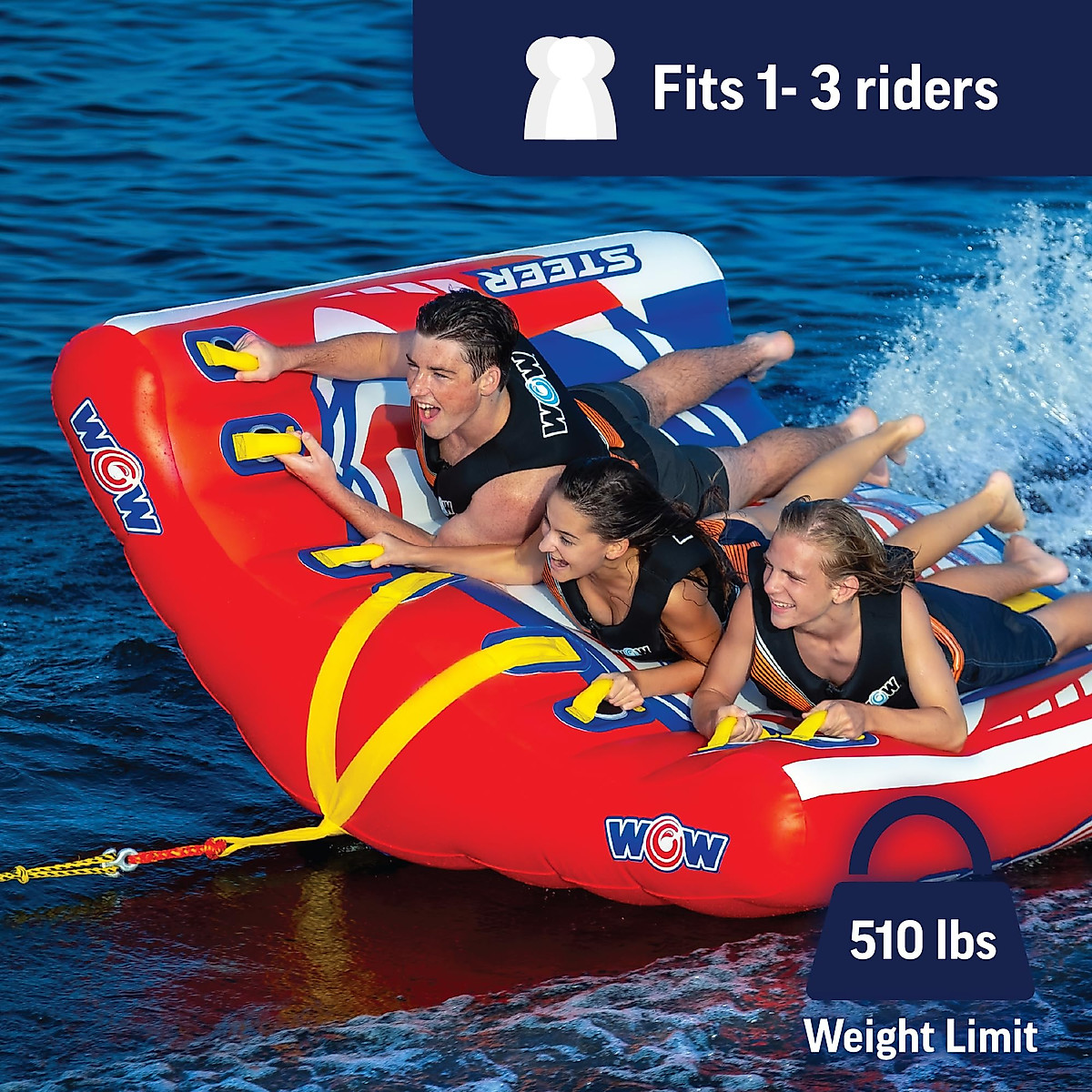 WOW Sports Power Steer Towable Tube for Boating - 1 to 3 Person Towable - Steerable Tubes for Boating