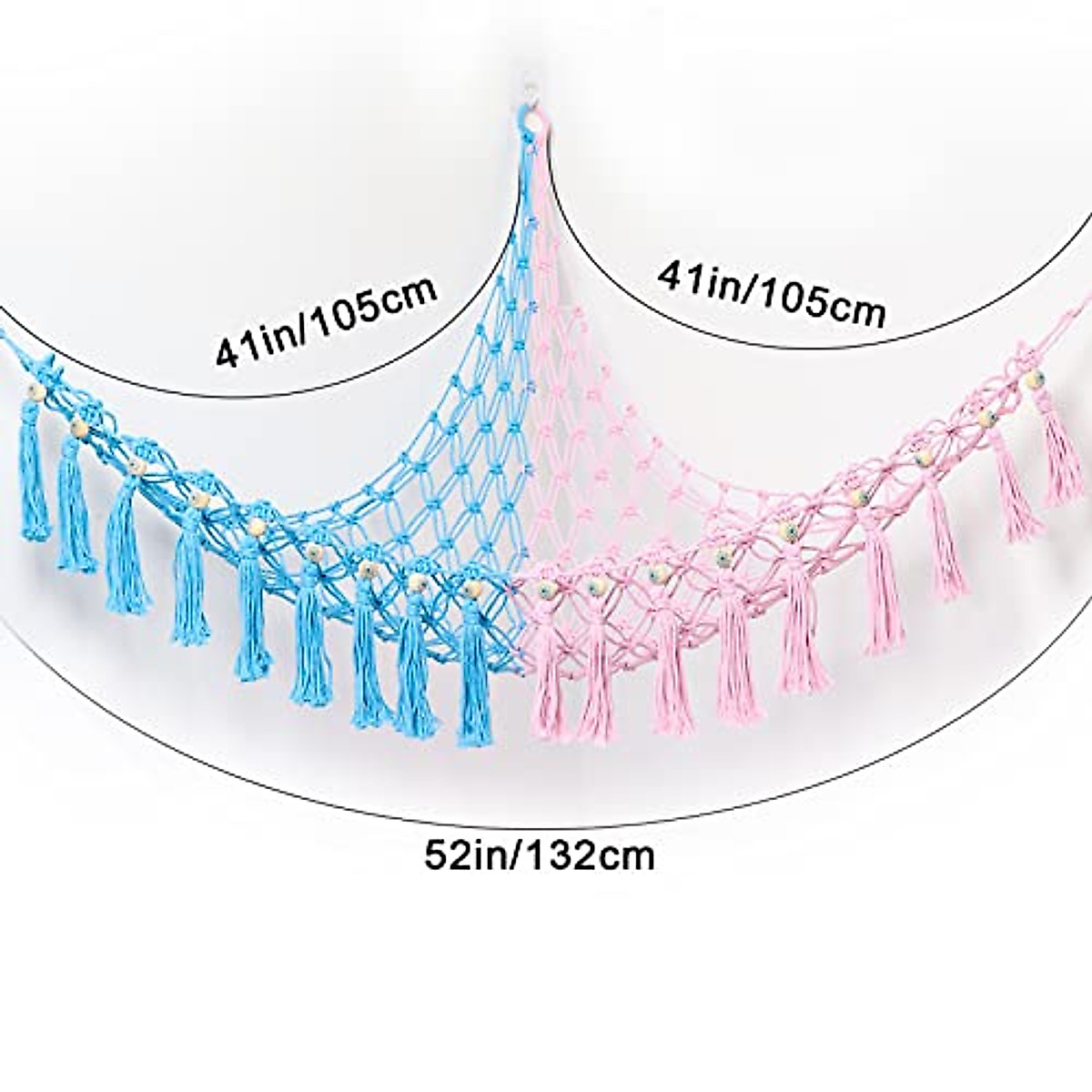 Stuffed Animal Net or Hammock with LED Light Stuff Toy Organizer Hanging Storage Net Handmade Boho Toys Storage Hammock Holder with Wood Beads for Children's Room Kindergarten Nursery (Blue and Pink)