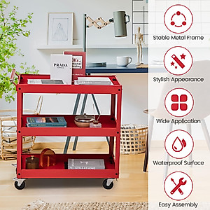 Goplus 3-Tier Utility Cart, Heavy Duty Commercial Service Tool Cart w/Lockable Wheels, 330lbs Load Capacity, Ergonomic Handle, Rolling Mechanic Tool Cart Storage Organizer for Warehouse Garage