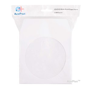 1,000 AcePlus CD/DVD White Paper Sleeves with Clear Window and Flap, Sturdy 100 gram Weight; 1 Box = 10 packs x 100-pk Retail Packaging