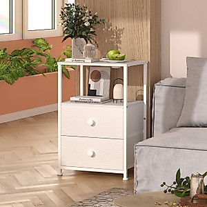 Tohomeor Sofa End Tables with Charging Station LED Light Nightstand Bedroom Bed Side Dresser with Fabric Drawers Open Storage Shelf Living Room with USB Ports and Outlet (White, 1 Pack)