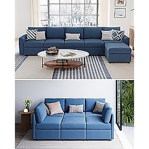 LINSY HOME Modular Sectional Sleeper Sofa, Convertible Sofa Bed with Memory Foam, Storage, Modular Sectionals Couch with Chaise for Family Movie Night, Living Room Furniture Sets, Blue