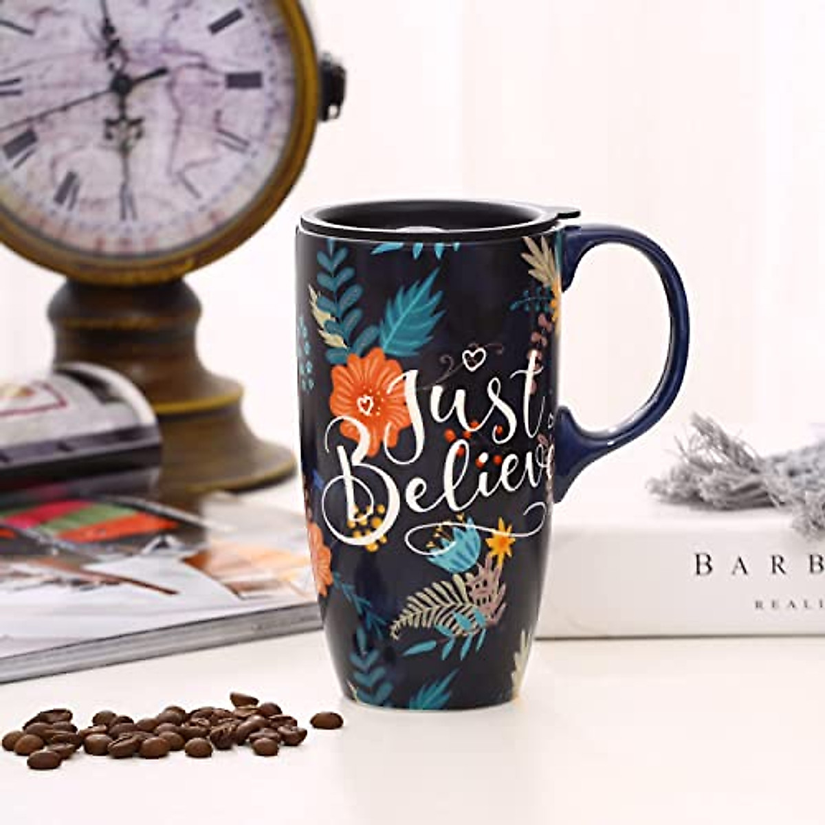 DUSVALLY Ceramic Travel Mug with Handle, Splash-Resistant Slider Lid, Ceramic Coffee Mug for Office and Home, Microwave & Dishwasher Safe, Just Believe Flower