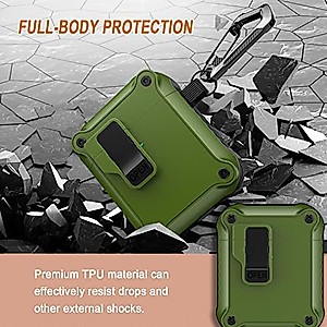 RFUNGUANGO Airpods 2nd & 1st Generation Case Cover Automatic Pop-up with Secure Lock Clip, Full-Body Shockproof Hard Protective Cover with Keychain - Olive Green