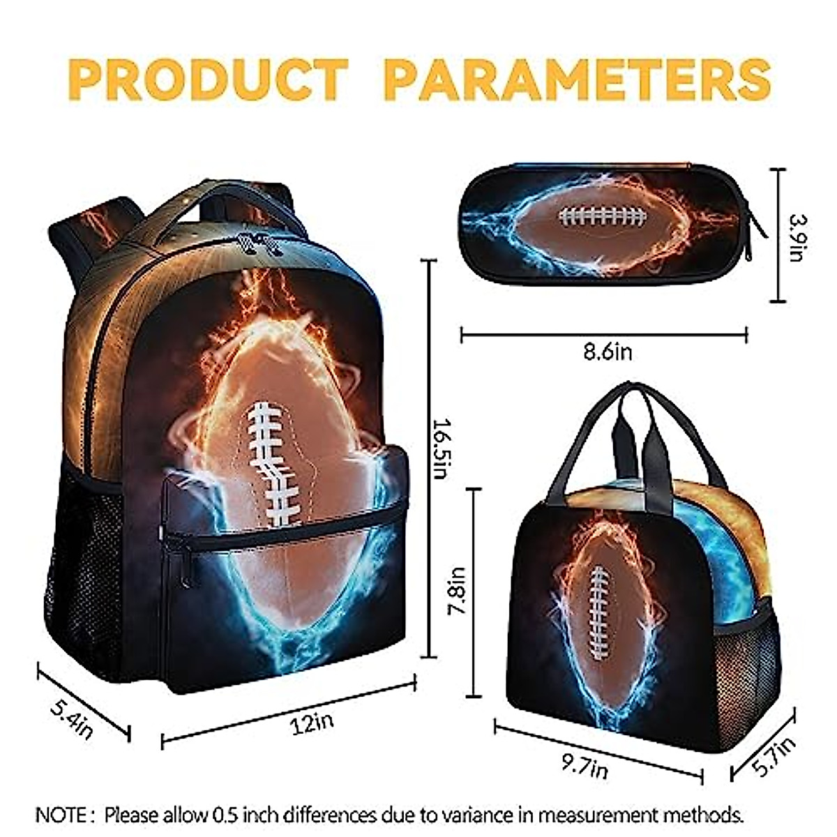 XaocNyx Football Backpack with Lunch Box and Pencil Case Set, 3 in 1 Matching Boys Black Backpacks Combo, Cool Bookbag and Pencil Case Bundle