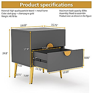Tribesigns Nightstands Set of 2, Mid-Century Modern Nightstand with 2 Drawers, Bedside Tables with Champagne Metal Legs, End Table for Bedroom