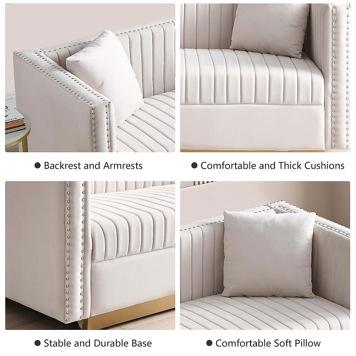 mikibama Luxury Velvet Sofa Set for Living Room, 101'' Modern Upholstered Vertical Channel Corner Couch with Movable Ottoman and 4 Pillows for Apartment, Hall (Beige)