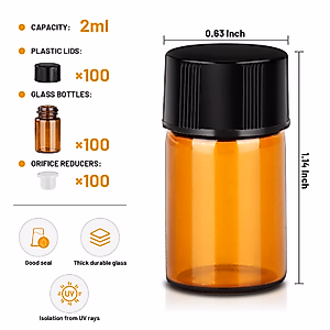 Teenitor 100Packs Essential Oil Bottles, Amber Glass Bottle, Essential Oil Bottle 2Ml Bottles, Small Oil Vial Sample Bottles 2Ml, Essential Oil Bottles Anointing Oil Bottles 0.068OZ