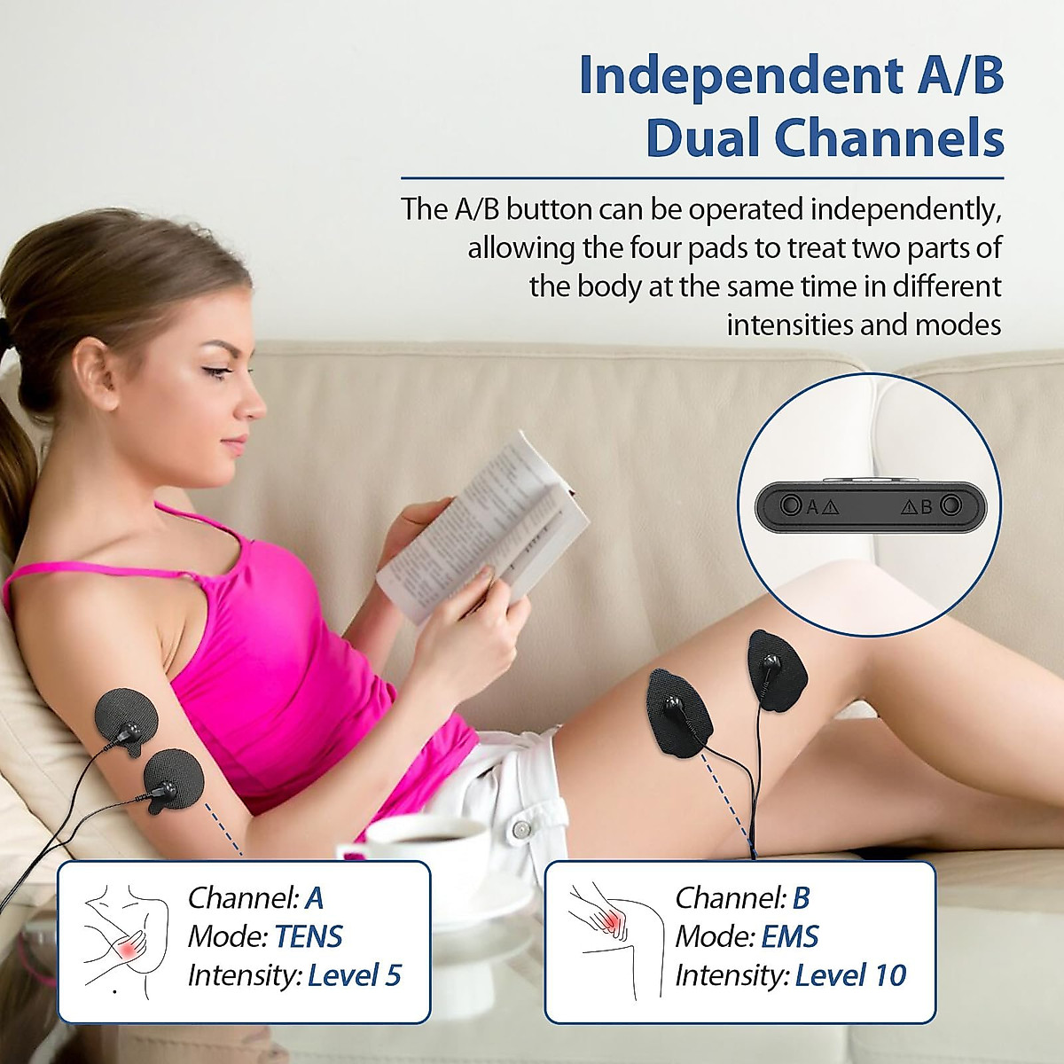Bisnick TENS EMS Unit 24 Modes Muscle Stimulator for Pain Relief Therapy, Dual Channel Electronic Muscle Massager with 12 Pads, Dust-Proof Drawstring Storage Bag, Fastening Cable Ties, Blue