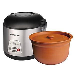 Vitaclay Smart Organic Clay Rice Cooker & Slow Cooker - Toxin Free Clay Electric Pot for Cooking Rice, Slow Cooker, Soup Maker, Warmer, Stew Pot with Natural Earthen Clay Crock, 6 cup / 3.2 qt