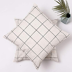 Basic Model Set of 2 Plaid Throw Pillow Covers Modern Farmhouse Decorative Square Linen Pillow Case for Sofa Couch Bed 20 x 20 Inch, Beige