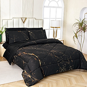 aoaoaoway Black King Marble Comforter Sets, 5 Pieces (1 Quilt + 2 Pillowcases + 2 Silk Pillowcases) Stylish Bedroom Design, Super Soft Silk Microfiber Quilt, All Seasons(Black4,King)
