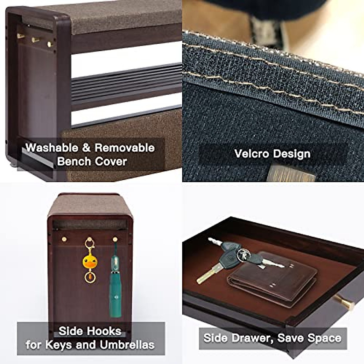 NURTUDIS Shoe Rack Bench Entryway, Bamboo Shoe Storage Stool with Removable Cushion, 2-Tier Entryway Shoe Organizer Shelf with Side Drawer & Hooks for Entryway, Living Room, Bedroom, Bathroom(Large)