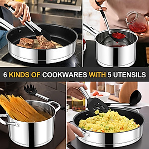 E-far 15-Piece Stainless Steel Cookware Set, 3-Ply Base Kitchen Pots and Pans Set, Non-toxic Induction Cooking Set Including Nonstick Frying Pan Saucepan, Oven & Dishwasher Safe, All Stoves Compatible