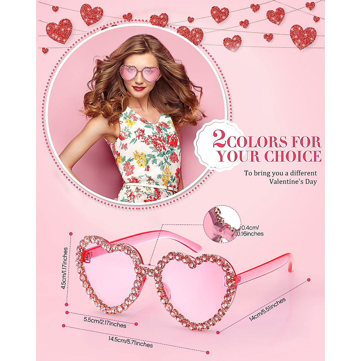 TOODOO 2 Pairs Rhinestone Heart Sunglasses Heart Shape Rimless Sunglasses for Women Transparent Heart Glasses (Pink, Red)