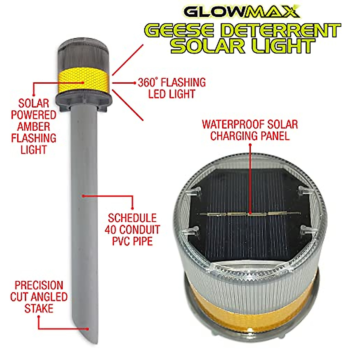 GLOWMAX, Bird Deterrent Device, Nighttime Solution to Repel Geese and Ducks from Lawns, Flashing Night Light Disrupts Sleeping to Discourage Nesting, Set of 1
