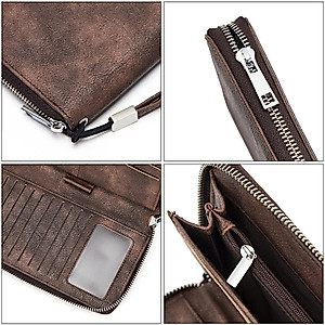 Telena Leather Wallets for Women Slim Zip Around Wristlet Clutch Purse Large Phone Holder Retro Coffee