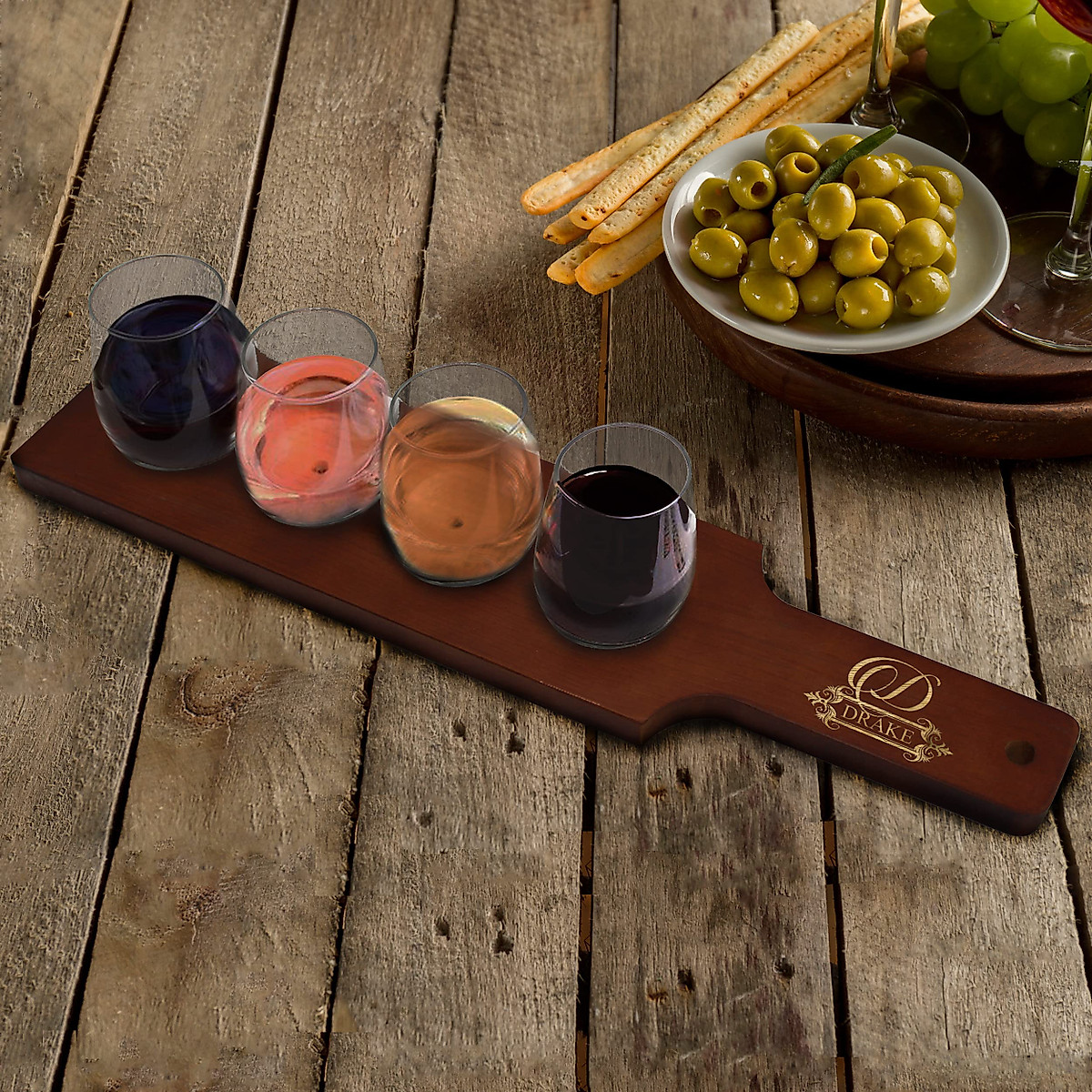 Custom Personalized Wine Tasting Flight Sampler Serving Set with 4 Glasses - Engraved Gift for Mom, Dad, Her, Him (Red/Brown Finish)