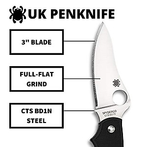 Spyderco UK Penknife Non-Locking Knife with 2.95" CTS BD1N Steel Drop-Point Blade and Black Lightweight FRN Handle - PlainEdge - C94PBK3