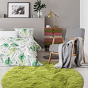 Chicrug Fluffy Round Area Rugs for Girls Bedroom, 4x4 Feet Shaggy Circle Area Rug for Living Room, Soft Fuzzy Carpets for Princess Room, Cute Rug Kids Circular Playmats for Baby Nursery Home, Green