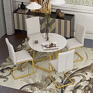 BIADNBZ 5-Piece Round Table Set for 4 with Faux Marble Tabletop and Four Chairs with Metal Legs for Dining, Kitchen&Living Room, White