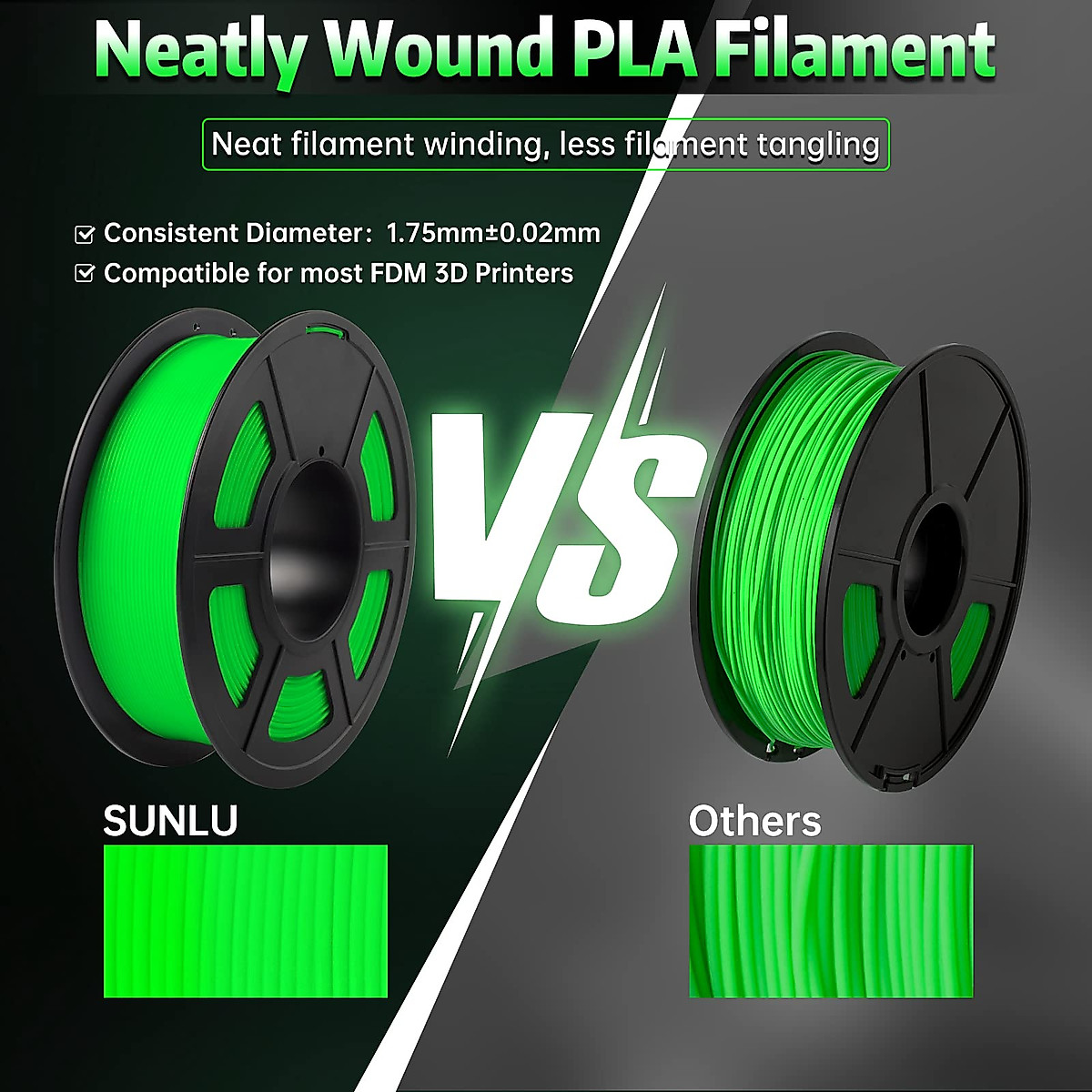 SUNLU Glow in The Dark PLA Filament, Neatly Wound Luminous PLA 3D Printer Filament 1.75mm Dimensional Accuracy +/- 0.02mm, Fit Most 3D Printers, 1kg Spool (2.2lbs), 330 Meters, Green PLA, Glow Green