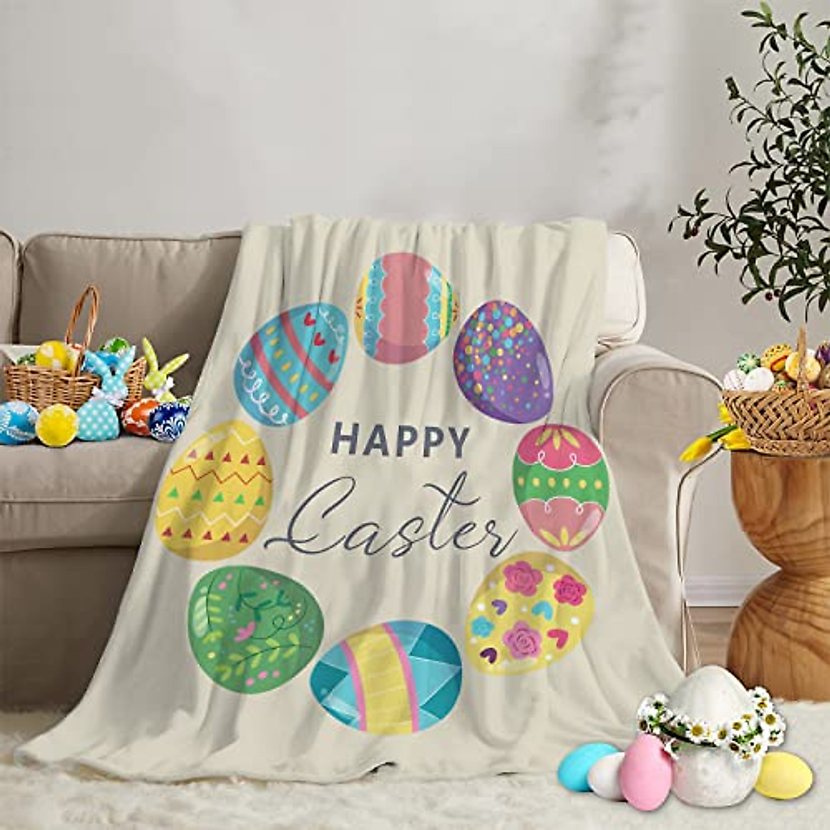 FJPT Happy Easter Colorful Eggs Throw Blanket Flannel Fleece Spring Cute Blankets Soft Luxury Cozy Warm for Living Room Bedroom Sofa Couch (40" x 50")