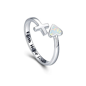 JUSTKIDSTOY S925 Sterling Silver Love Heart Ring Engraved Faith Hope Love Blue/White Open Adjustable Opal Wrap Rings Inspirational Jewelry for Women (White Opal-6)