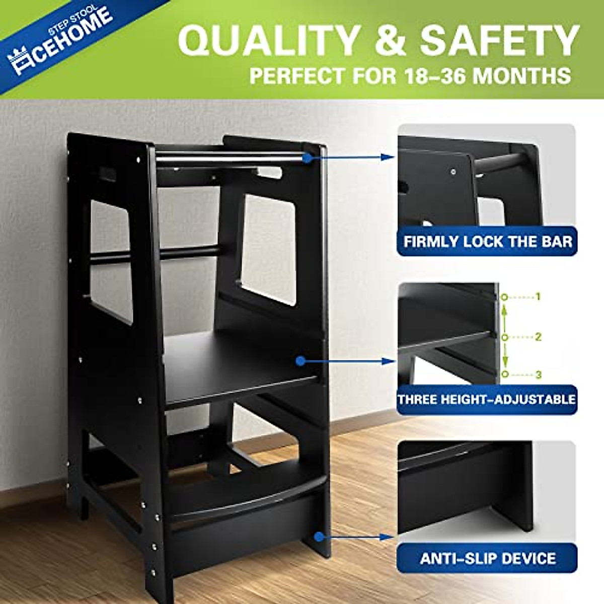 ACEHOME Toddler Kitchen Stool, Toddler Tower with Safety Rail, Toddler Stool for Kitchen Counter, Adjustable Height Little Helper Tower, Kitchen Stool for Toddlers 18 Months and Older, Black