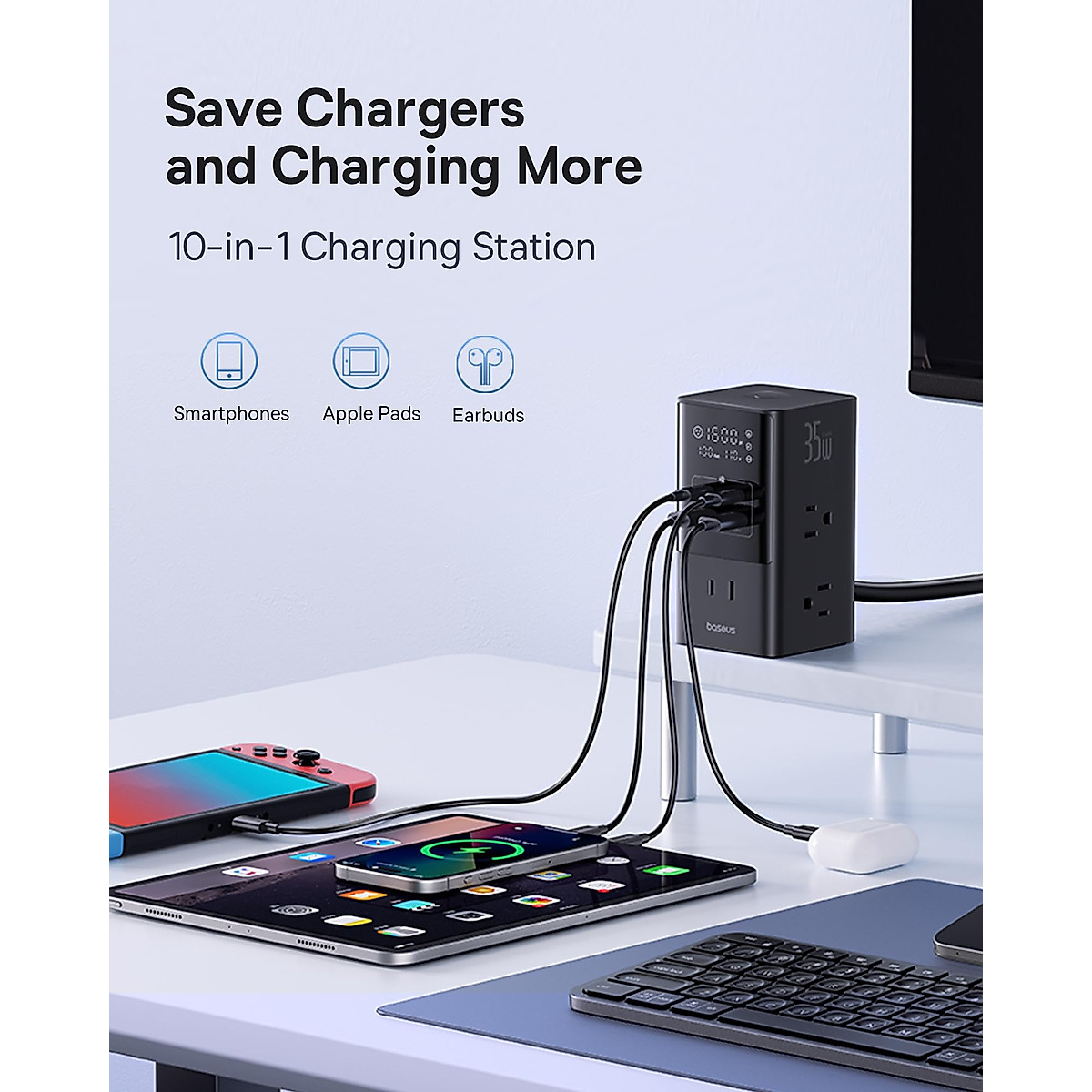 Baseus Charging Station, 10 in 1 USB Power Strip 35W with 1200J Surge Protector, 6 AC + 2 USB-C + 2 USB-A Port, Fast Charging Desktop Charger for iPhone 15/14 Series, iPad, Game, Home, Office (35W)
