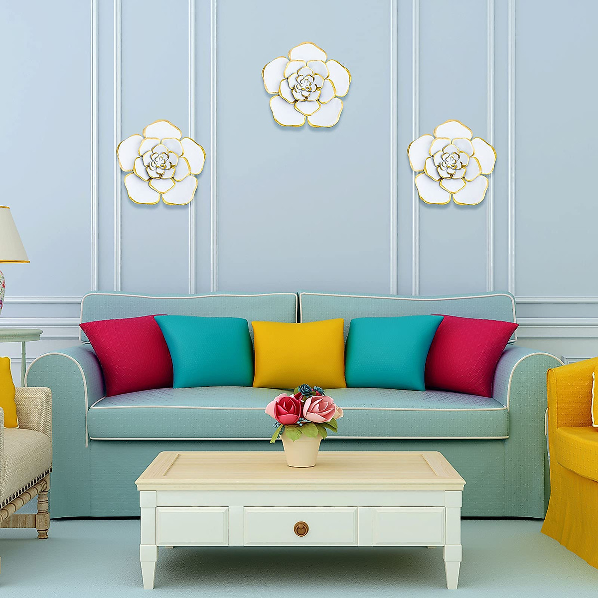 Chuangdi 3 Pieces Large Wall Metal Flowers Multiple Layer Home Decoration for Indoor Outdoor Home Garden Office Living Room Garden Porch Patio (White,8 Inch)