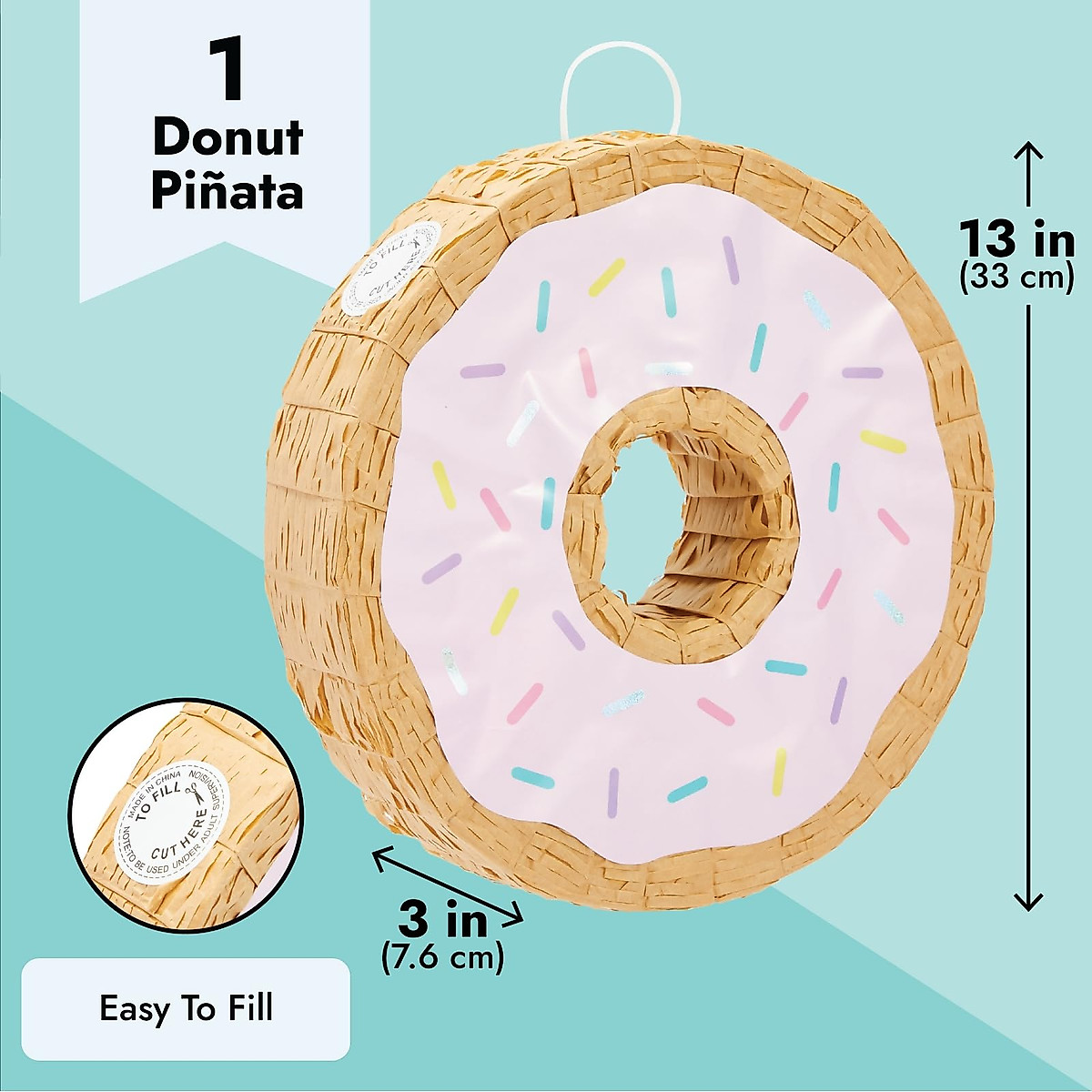 BLUE PANDA Pink Donut Pinata for Two Sweet Birthday Party Supplies, Donut Baby Shower Decorations (Small, 13 x 3 In)