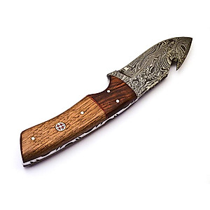 Rare Custom Damascus Fuller Gut Hook Knife Skinning Knife Hunting Knife |Outdoor Knife Camping Knife | Color Wood Handle with Free Genuine Leather Sheath (S-76)