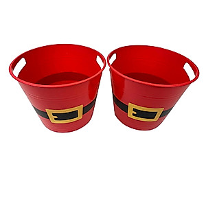 FSSTAM 8.32" Christmas Bucket, Plastic Santa Belt Buckets Red Round Tubs with Handles for Parties Storage Classroom Party Favors, Christmas Decorations, Pack of 2(with Exclusive FSSTAM Booskie)