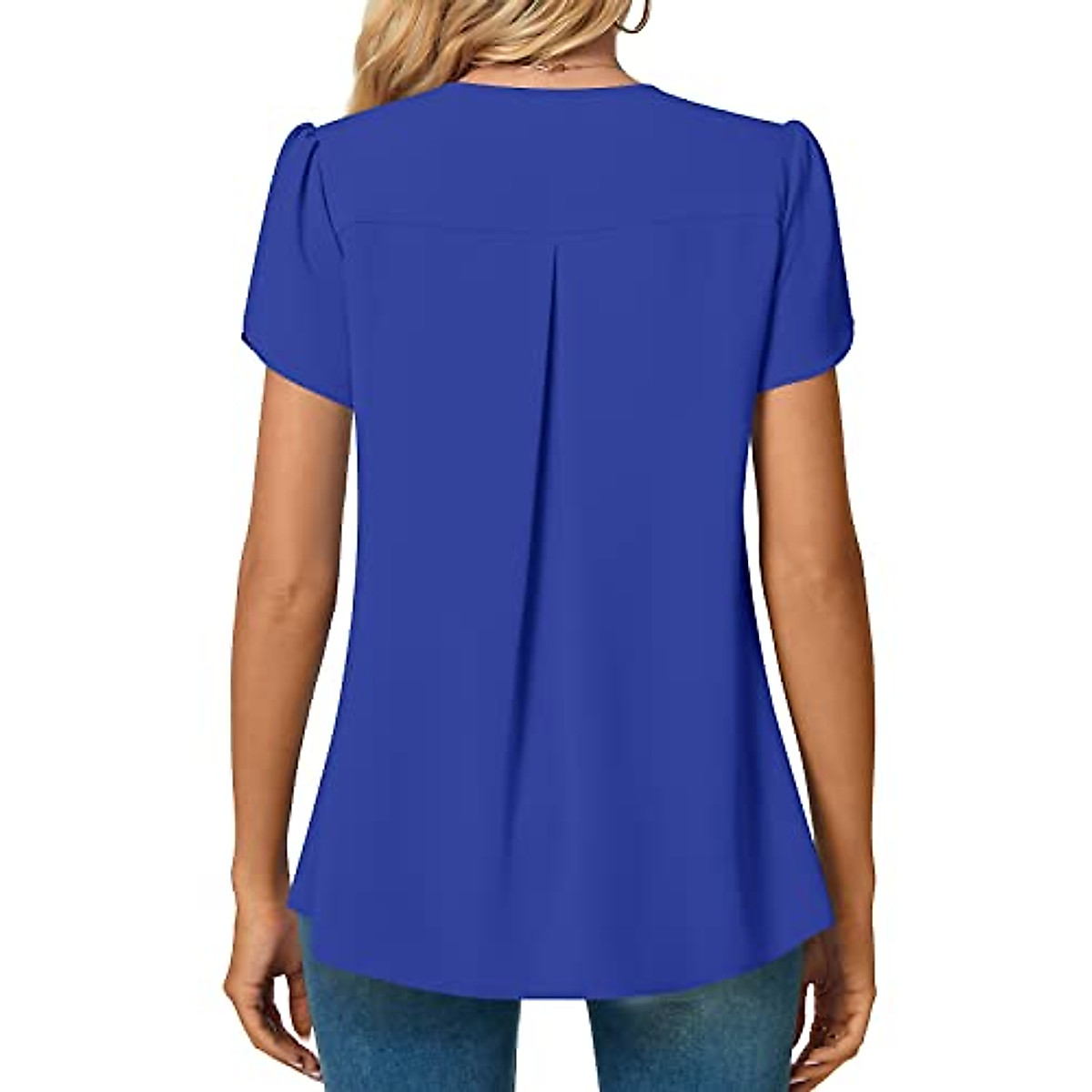 Anyally Womens Summer Dressy Chiffon Blouses V Neck Petal Short Sleeve Tunic Tops for Leggings Casual T-Shirts, L Royal Blue